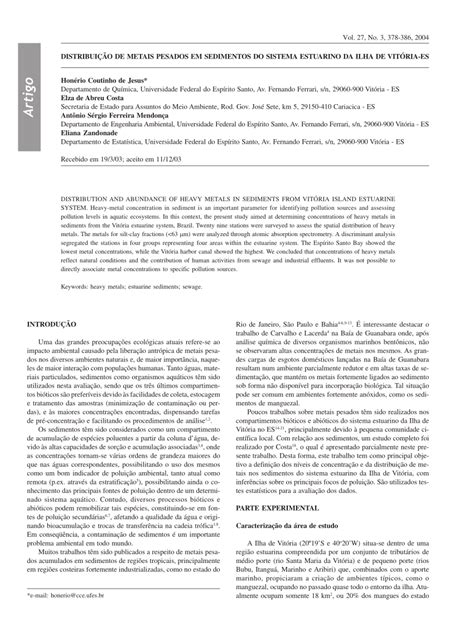 Pdf Distribution And Abundance Of Heavy Metals In Sediments From Vitória Island Estuarine System