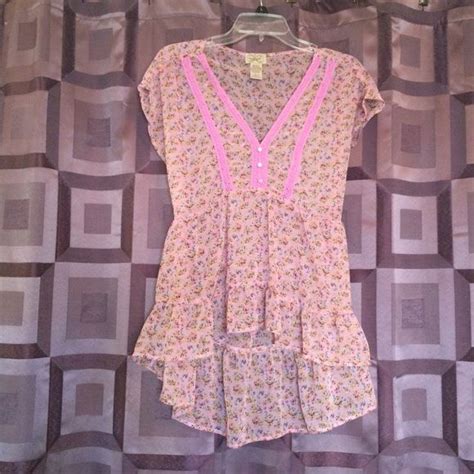 Pink Floral High Low Blouse With Lace Detailing