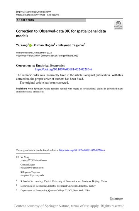 Correction To Observed Data Dic For Spatial Panel Data Models Request Pdf