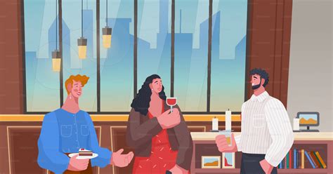 사람들은 저녁이나 점심에 사교계 명사들과 대화를 나눕니다 친구와 가족을 위한 홈 리셉션 남자와 여자는 음식이나 와인 잔을 들고 있습니다 라운지 룸 인테리어 장식 및