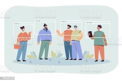 창 프레임에서 화상 통화를 하는 사무실 사람들의 원격 팀 가상현실에 대한 스톡 벡터 아트 및 기타 이미지 가상현실 개념