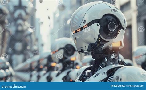 Ai And Robot A Row Of White Futuristic Robots With Glowing Eyes