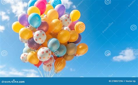 Colorful Hot Air Balloons On Blue Sky Background Generative Ai Stock