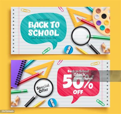 학교 텍스트 벡터 배너 세트 디자인으로 돌아 가기 신학기 환영 인사 및 교육 요소 자료 및 품목이 포함된 판매 텍스트 가격표에 대한 스톡 벡터 아트 및 기타 이미지 Istock