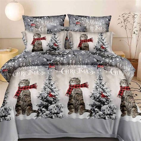 Постельное белье двухспальное евро серое новогоднее с котиком Бязь Полиэстер Ananasko 854646