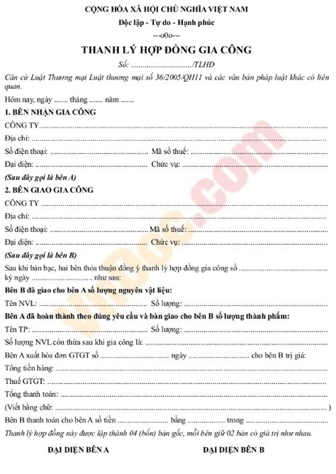 Biên bản thanh lý hợp đồng gia công Mẫu biên bản thanh lý hợp đồng