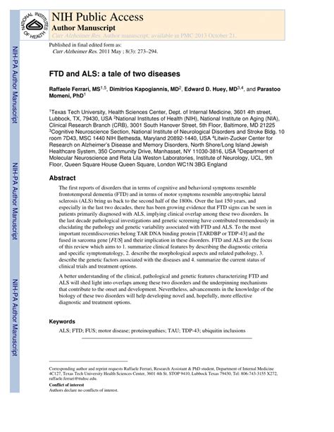 Pdf Ftd And Als A Tale Of Two Diseases