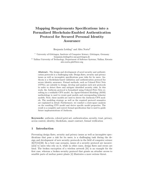 PDF Mapping Requirements Specifications Into A Formalized Blockchain Enabled Authentication