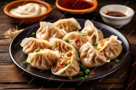 Premium Photo A Plate Of Dumplings On A Table With Dipping Sauce
