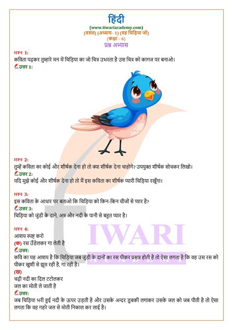 एनसीईआरटी समाधान कक्षा 6 हिंदी वसंत अध्याय 1 वह चिड़िया जो