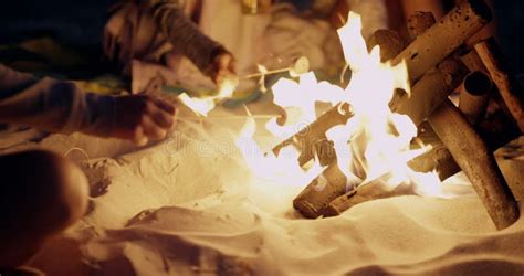 Friends Bonfire And Roast Marshmallows At Night For Camping Relax And