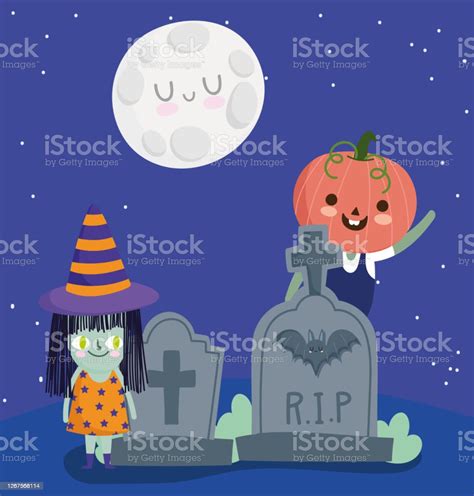 해피 할로윈 마녀와 호박 의상 묘지 묘지 묘비 달 밤 트릭 또는 치료 파티 축하 묘지에 대한 스톡 벡터 아트 및 기타 이미지