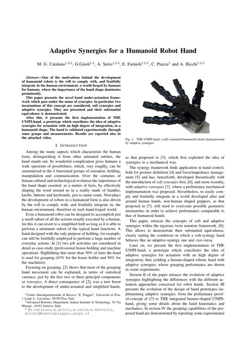 Pdf Adaptive Synergies For A Humanoid Robot Hand