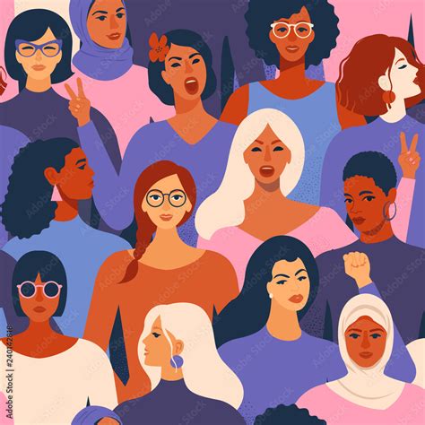 Female Diverse Faces Of Different Ethnicity Seamless Pattern Women