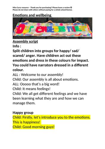 Assembly Script Ks1 Assembly Emotions And Well Being Teaching Resources