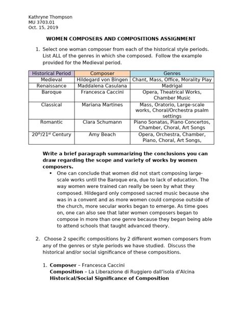 Women Composers And Compositions Assignment Pdf Composers Musical