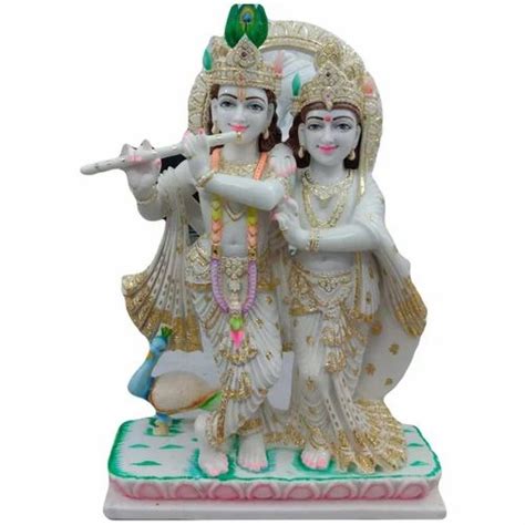 Painted Hindu White Marble Radha Krishna Statue For Temple Size 25