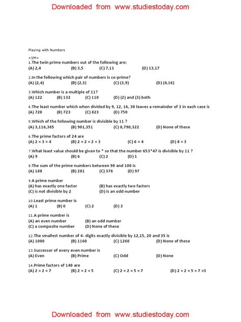 Cbse Class 6 Playing With Numbers Worksheet Pdf Pdf Prime Number