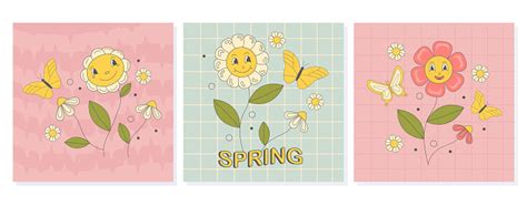 히피 꽃 데이지와 나비와 텍스트 스프링이 있는 포스터의 그루비 세트 60년대 70년대 플랫 스타일의 복고풍 배경 데이지속에 대한 스톡 벡터 아트 및 기타 이미지 Istock