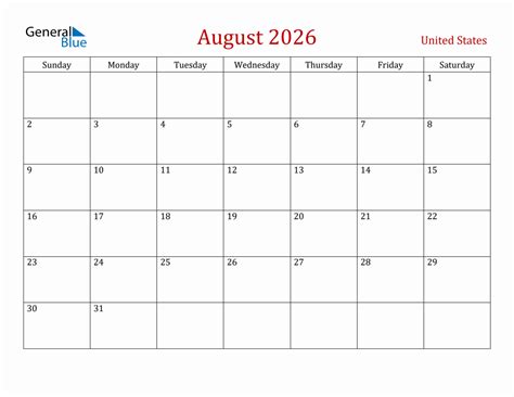 August 2026 United States Monthly Calendar With Holidays