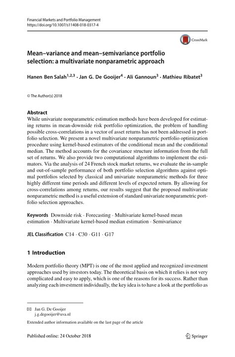 Pdf Mean Variance And Mean Semivariance Portfolio Selection A Multivariate Nonparametric Approach