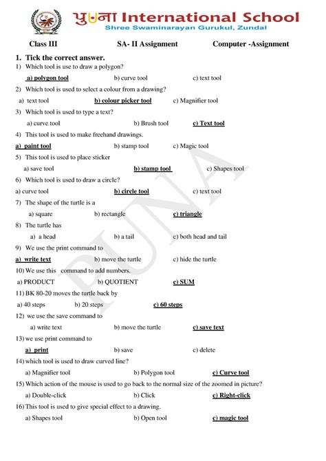 Class Iii Comp Class Iii Sa Ii Assignment Computer Assignment 1 Tick The Correct Answer