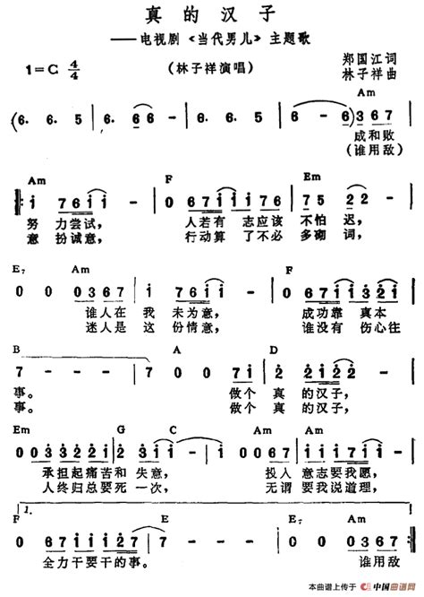 《真的汉子（电视剧《当代男儿》主题歌、带和弦）》简谱当代男儿林子祥原唱 歌谱简谱之家