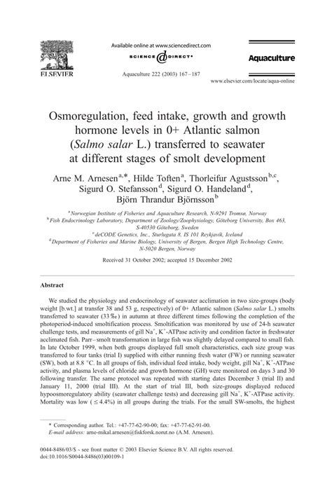 Pdf Osmoregulation Feed Intake Growth And Growth Hormone Levels In