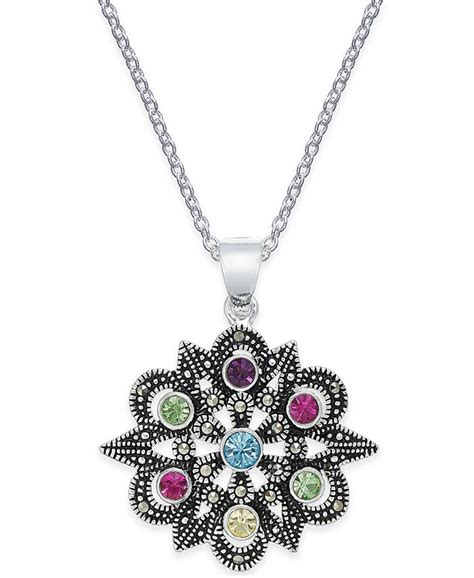 Macys Marcasite And Colored Crystal Openwork Pendant Necklace In Silver