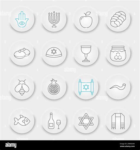 Rosh Hashanah Line Icon Set Hanukkah Collection Vector Sketches Neumorphic Ui Ux Buttons