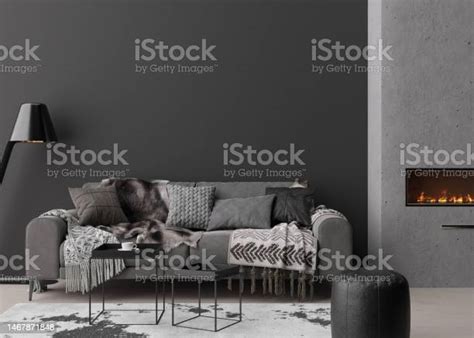 인테리어 모형 로프트 스타일 현대 거실의 빈 벽 아트웍 사진 포스터를위한 공간을 복사하십시오 산업 스타일의 인테리어 디자인 벽난로가 있는 아파트 또는 호텔 객실 3d 렌더링