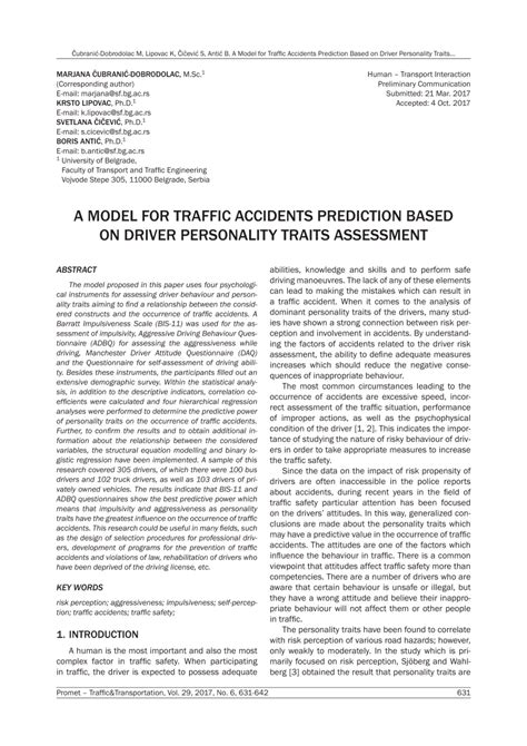 Pdf A Model For Traffic Accidents Prediction Based On Driver Personality Traits Assessment