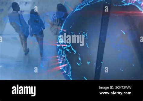 Tech Team Walking Hall Initiating Rotating Globe Pulsing Lines Mapping Network Then Framing Trio