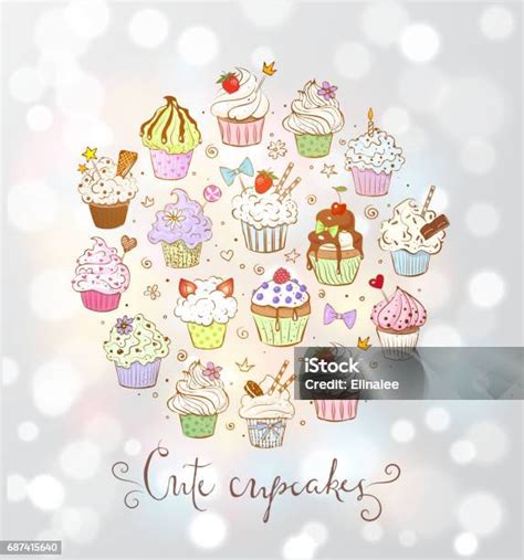 흰색 빛나는 배경 장식 컵 케이크 스케치 낙서 벡터 일러스트입니다 고풍스런에 대한 스톡 벡터 아트 및 기타 이미지 고풍스런