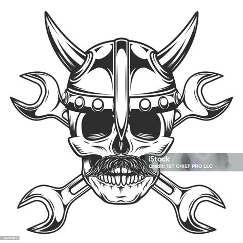 뿔 달린 헬멧과 건설 빌더 배관 렌치 또는 차체 공장 수리 자동차 및 트럭 정비사 서비스 도구에 콧수염이 있는 바이킹 두개골 교차 스패너 빈티지 그림 개념에 대한 스톡 벡터