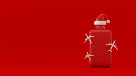 빨간 배경에 가방 수하물 비행기와 산타 모자크리스마스 여행 휴가 개념 0명에 대한 스톡 사진 및 기타 이미지 0명 3차원 형태 Bon Voyage Istock