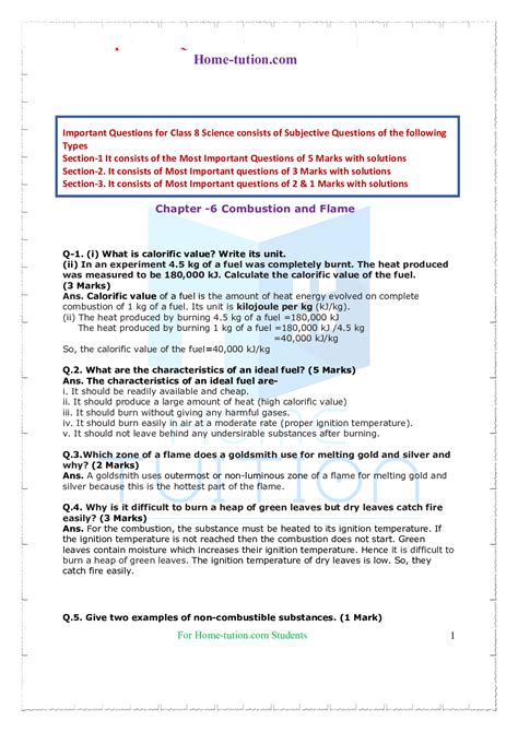 Important Questions For Cbse Class 8 Science Chapter 6 Combustion And Flame