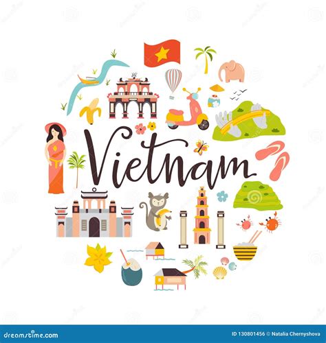 Vietnam Cartoon Map With Destinations Elements Vector Illustration