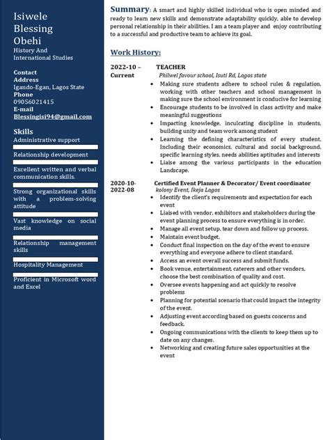 Blessing Cv Pdf Teachers Schools