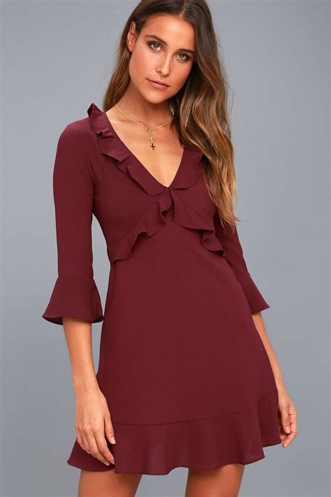 Cute Plum Purple Dress Flounce Sleeve Dress Lulus