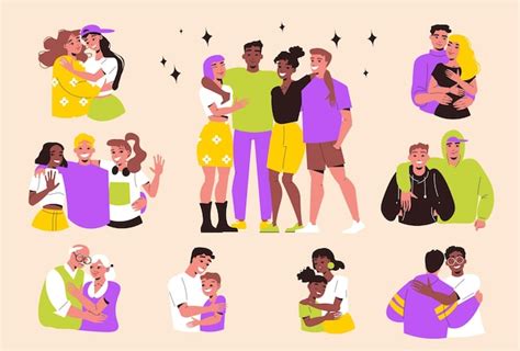 Abraçando As Pessoas Planas Com Casais Jovens E Idosos Amigos Pais Com