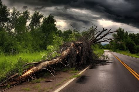 Premium AI Image Fallen Tree Blocking A Road After A Storm With Dark Clouds Created With