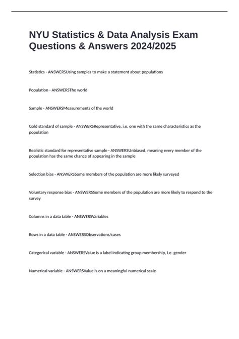 Nyu Statistics And Data Analysis Exam Questions And Answers 20242025 Nyu Statistics And Data
