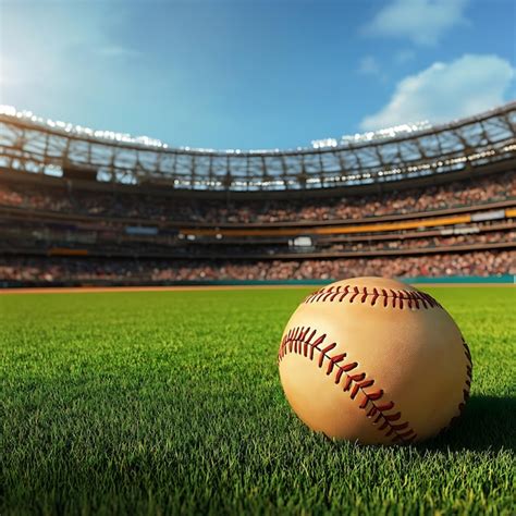 Baseball On A Grass Field With Blurred Stadium Background Premium Ai Generated Image