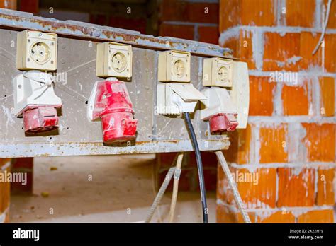 Distribution Panel With Industrial Multiphase Power Plugs And Sockets Are Providing Electrical