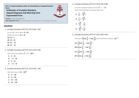 Complex Numbers Complex Numbers EXT N HSC MC Complex Numbers EXT N HSC