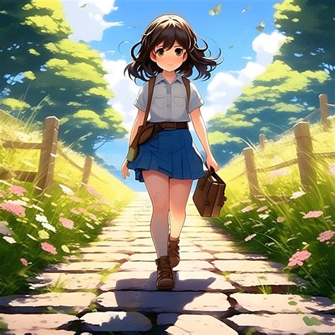 A Kawaii Chibi Girl Walking Through Path Acrylic Art Background A