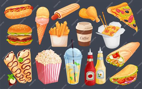 패스트 푸드 아이콘 세트입니다 테이크아웃 카페 디자인을 위한 핫도그 샤와르마 피자 크레페 햄버거 웍 국수 및 기타 패스트 푸드 벡터 일러스트 레이 션