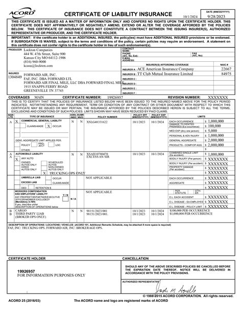 Forward Statement Of Liability And Cargo Insurance