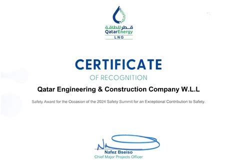 Qatarenergy Lng Certificate Of Recognition Saftey Award Qcon